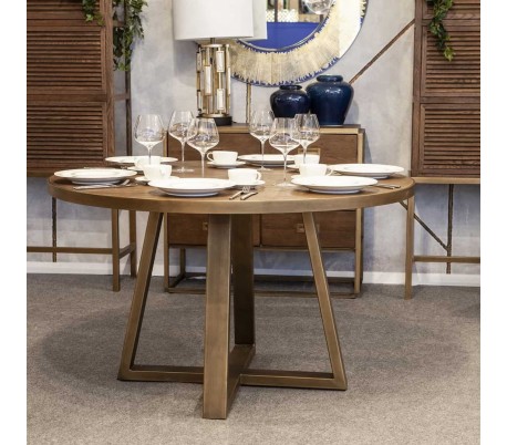 Rundt spisebord i egetræ og metal Ø150 cm - Antik guld/Rustik brun